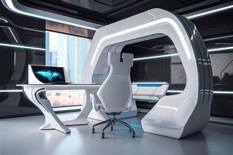 Premium Ai Image Futuristic Open Office With Futuristic Chair And Desk In The Foreground