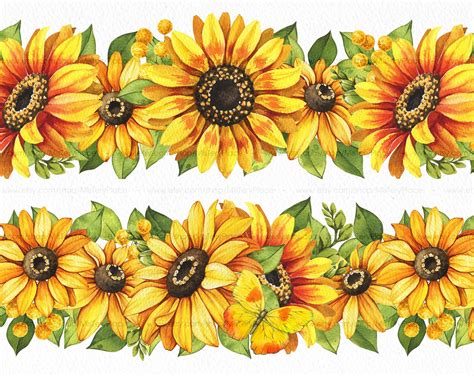 Sunflower Border Png Clipart Watercolor Sunflower Seamless Border