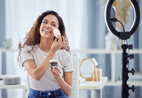 Makeup Influencer Product And Happy Woman Streaming Tutorial For