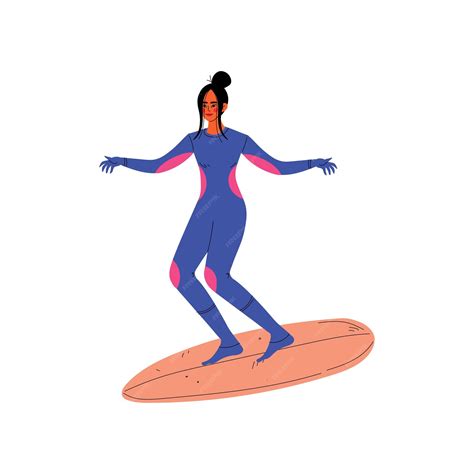 Premium Vector Girl Surfer In Wetsuit Riding Surfboard Catching Wave