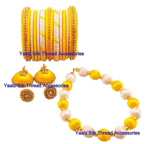 Yaalz Silk Thread Simple Neckset With Set Bangles Combo In Yellow And White Colors