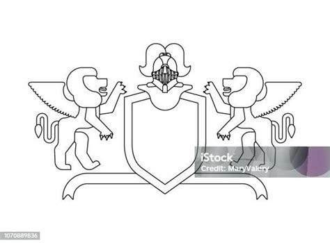紋章盾飛獅和騎士頭盔神奇的野獸範本紋章設計項目皇室徽章向量圖形及更多中古時代圖片 中古時代 保護 側影 Istock