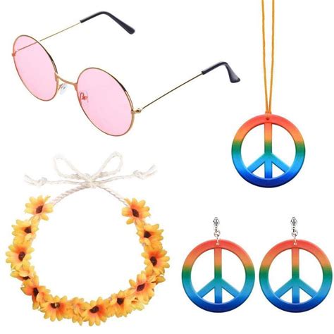 Aboat 4 Pieces Hippie Costume Set Rainbow Peace Sign Necklace And