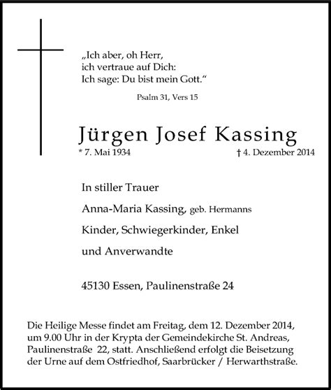 Traueranzeigen Von Jürgen Josef Kassing Trauer In Nrw De