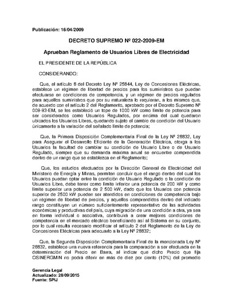 Decreto Supremo N EM Reglamento De Usuarios Libres De Electricidad Gerencia Legal