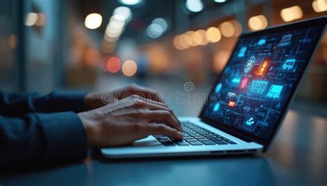 Businessman Types On Laptop With Digital Icons Transportation