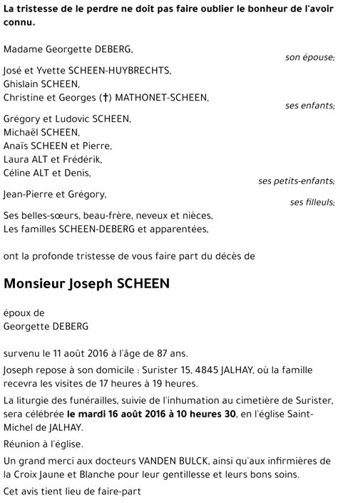 Avis De Décès De Joseph Scheen Décédé Le 11 08 2016 à Jalhay Annonce