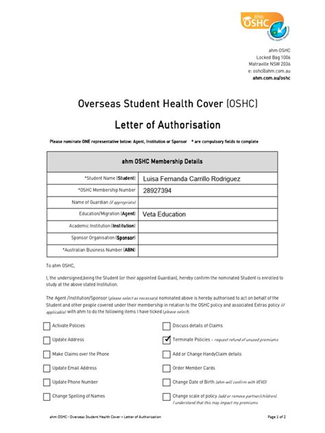 Ejemplo Ahm Oshc Authorisation Form Ejemplo Pdf
