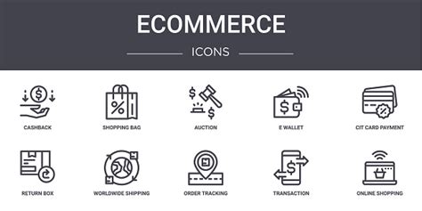 전자 상거래 개념 라인 아이콘 설정 쇼핑백 E 지갑 리턴 박스 주문 추적 거래 온라인 쇼핑 시트 카드 결제 경매 등 웹 로고
