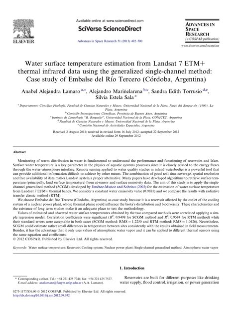 Pdf Water Surface Temperature Estimation From Landsat 7 Etm Thermal Infrared Data Using The