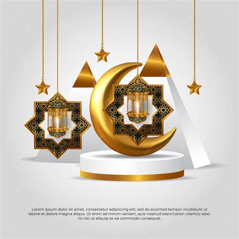 Eid Al Adha Mubarak 아름다운 이슬람 3d 황금 달 만다라 별과 램프 벡터 디자인 프리미엄 벡터