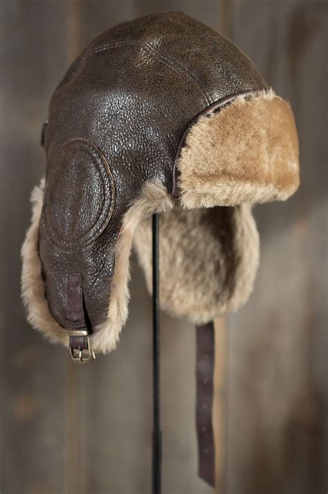 Vintage Shearling Sheepskin Aviator Hat With Leather Trim Hats