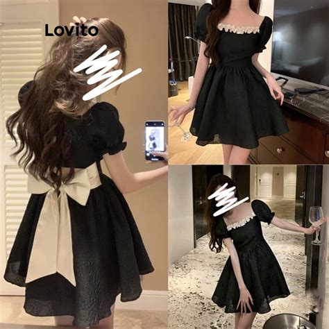 Lovito Women Cute Plain Bow Back Lettuce Trim Puff Sleeve Dress