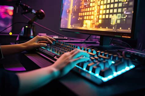 Close Pro Gamer S Hands Laying Gaming Keyboard While He Streaming