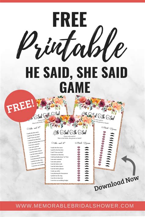 Free Printable He Said She Said Bridal Shower Game Awesome