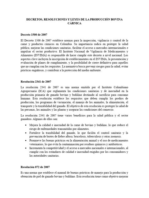 Decretos Resoluciones Y Leyes De La Producción Bovina Cárnica Kevin Garcia Pdf Carne