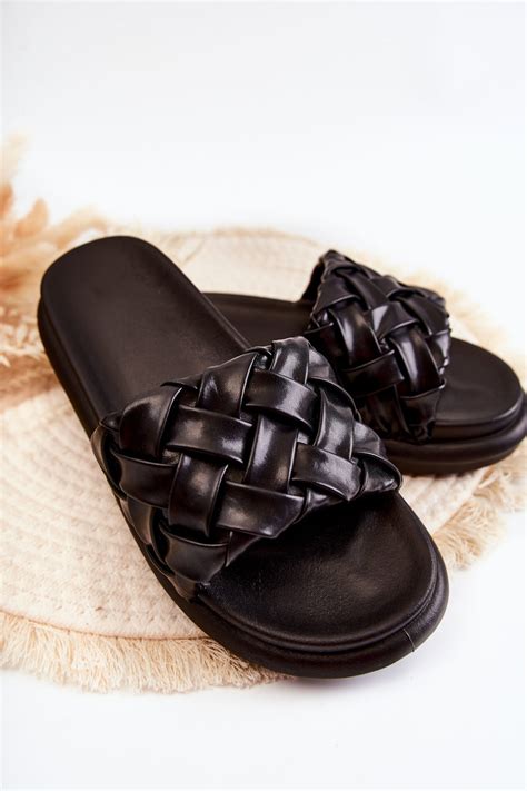 Damskie Skórzane Plecione Klapki Czarne Ravella