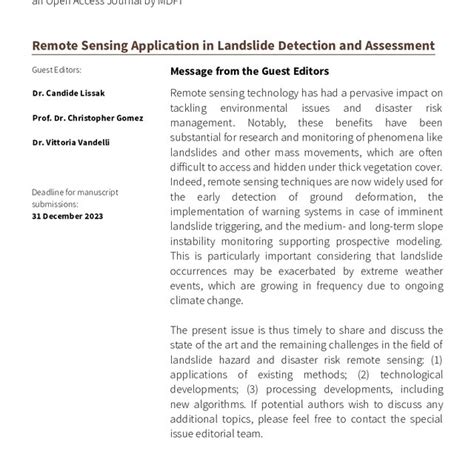 Land Special Issue Remote Sensing Application In Landslide Detection