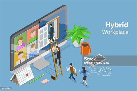 하이브리드 작업장의 3d 아이소메트릭 플랫 개념 일러스트레이션 하이브리드 직장에 대한 스톡 벡터 아트 및 기타 이미지 하이브리드 직장 벡터 하이브리드 학습 Istock
