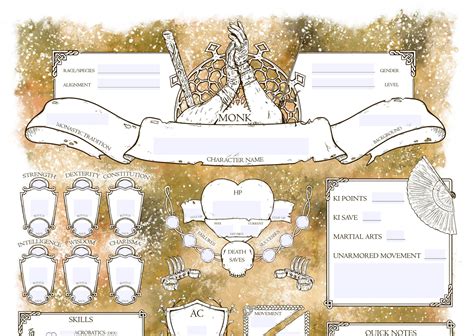 Fillable D D E Character Sheets Monk Etsy