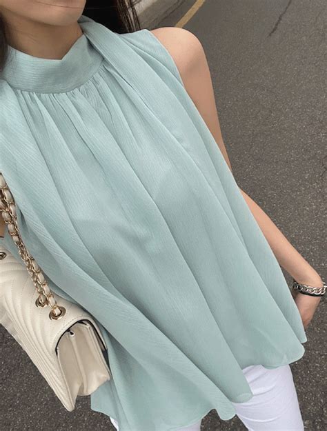 로아빈 마엘 요루 쉬폰 타이 홀터넥 민소매 블라우스