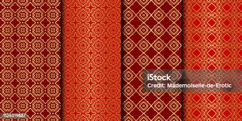 추상적인 기하학적 스타일으로 완벽 한 패턴의 집합입니다 샘플 그림 및 라인을 반복 한다 벡터 일러스트입니다 레드 골드 색상입니다 0명에 대한 스톡 벡터 아트 및 기타 이미지