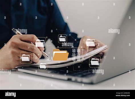 Electronic Document Based Paperless Office Concept A Businessman Types