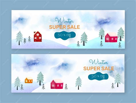 수채화 겨울 가로 판매 배너 세트 무료 벡터