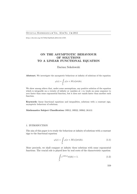 Pdf On The Asymptotic Behaviour Of Solutions To A Linear Functional