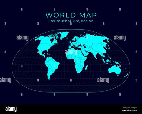 Map Of The World Loximuthal Projection Futuristic Infographic World Illustration Bright Cyan