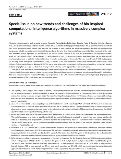 Special Issue On New Trends And Challenges Of Bio‐inspired