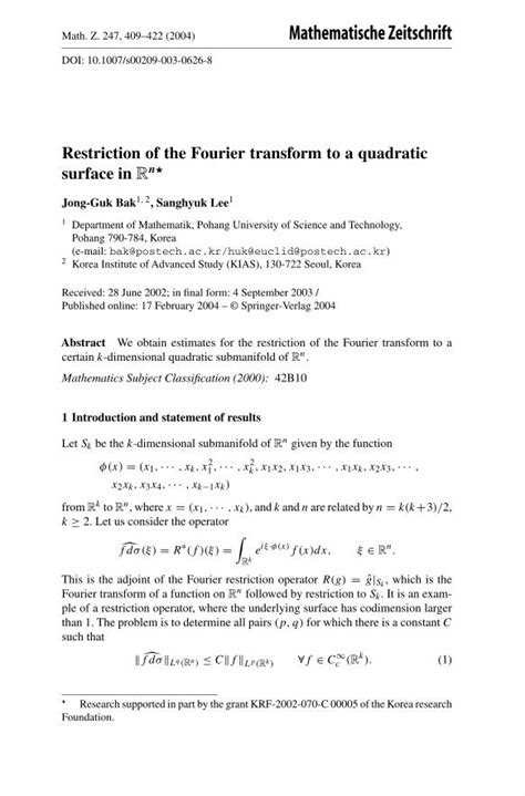 Pdf Restriction Of The Fourier Transform To A Quadratic Surface In N