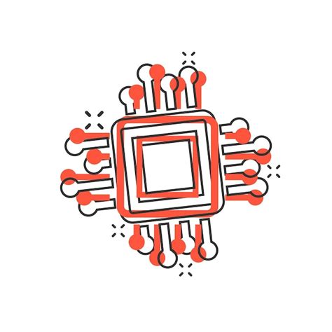 만화 스타일의 컴퓨터 Cpu 아이콘 회로 보드 만화 벡터 일러스트 레이 션 흰색 절연 배경 마더보드 칩 스플래시 효과 비즈니스