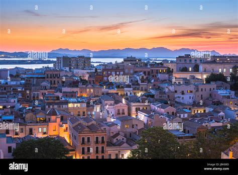 Cagliari Sardinia Cityscape Aerial View Of The Historic Stampace Area Of Cagliari At Night With