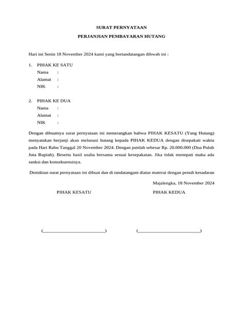 Perjanjian Pembayaran Hutang 20 Juta Pdf