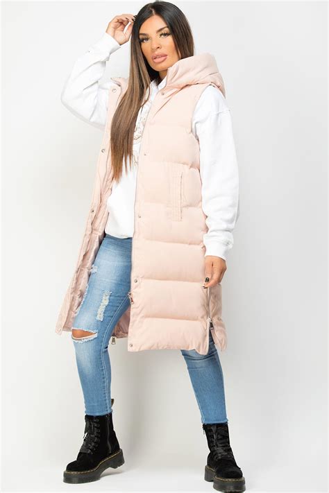 Womens Padded Longline Hooded Gilet Bodywarmer Pink Uk