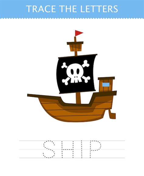 어린이를 위한 교육 게임은 귀여운 만화 배의 인쇄 가능한 해적 워크시트의 편지를 추적합니다 프리미엄 벡터