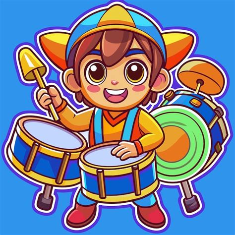 мультфильм мальчика играющего на барабанах с голубым фоном Премиум