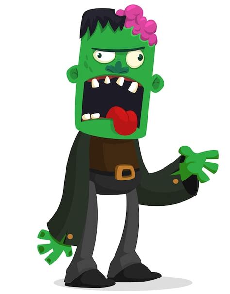Premium Vector Cartoon Funny Green Zombie With Pink Brains Outside Of