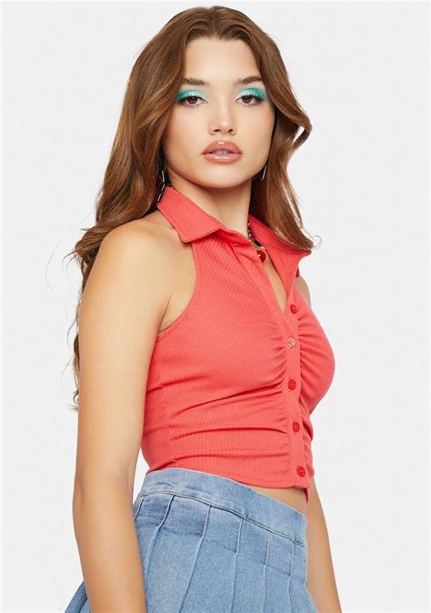 Collared Halter Button Up Crop Top Red Dolls Kill