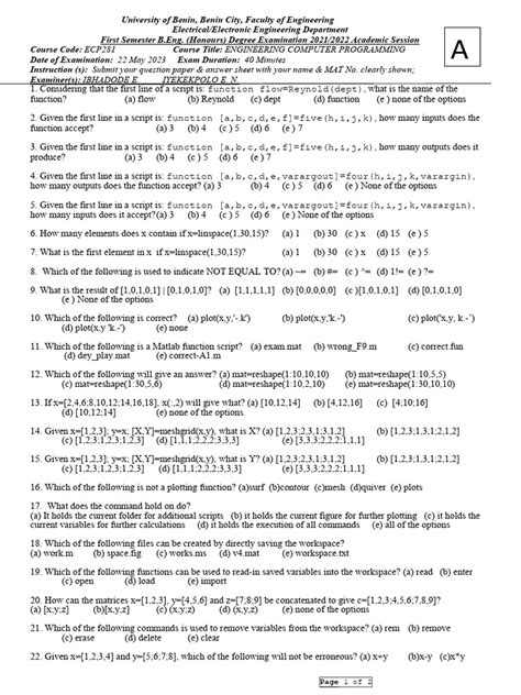 Matlab Uniben Exam Questions Pdf