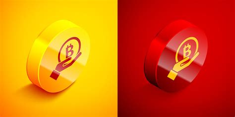 주황색과 빨간색 배경에 격리 된 비트 코인 아이콘을 들고 있는 등도 측정 손 블록 체인 기술 디지털 머니 마켓 크립토 코인 지갑 서클 버튼입니다 벡터 3차원 형태에 대한