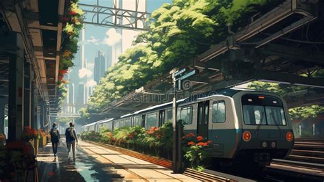 Bustling City Station With Train Amidst Greenery Ai Generated 2d