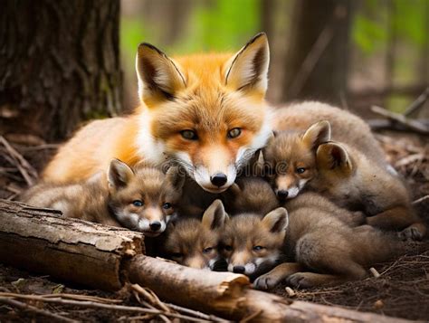 Ai Generated Illustration Wildlife Concept Of Red Fox Nursing Kits