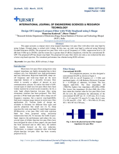 Pdf Design Of Compact Lowpass Filter With Wide Stopband Using I Shape