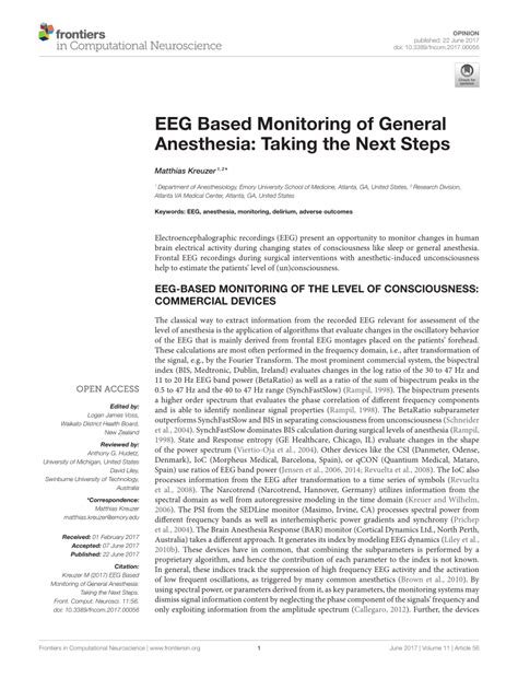 Pdf Eeg Based Monitoring Of General Anesthesia Taking The Next Steps
