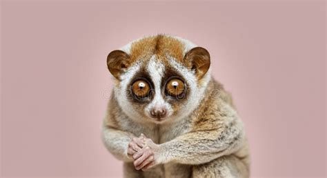 Portrait Of Curious Slow Loris With Large Eyes Against Soft Pink