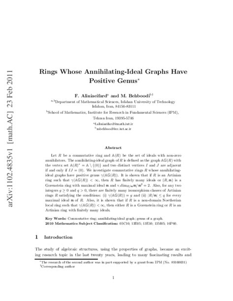 Pdf Rings Whose Annihilating Ideal Graphs Have Positive Genus Farid Aliniaeifard