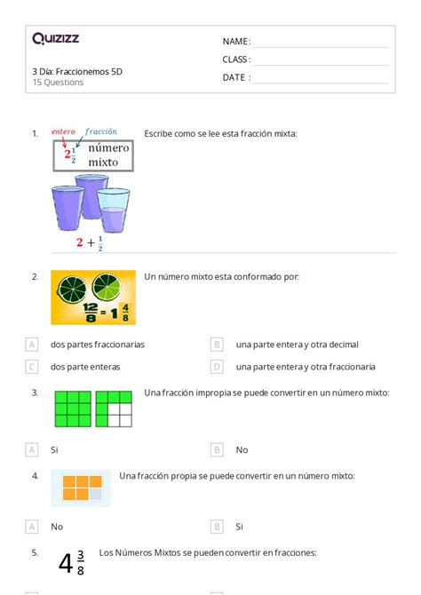 50 Números Mixtos Y Fracciones Impropias Hojas De Trabajo Para Grado 5