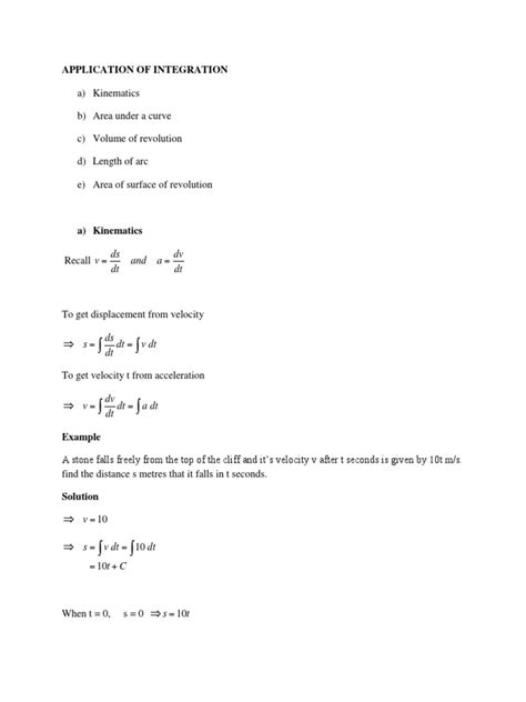 Applications Of Integration Pdf Velocity Acceleration